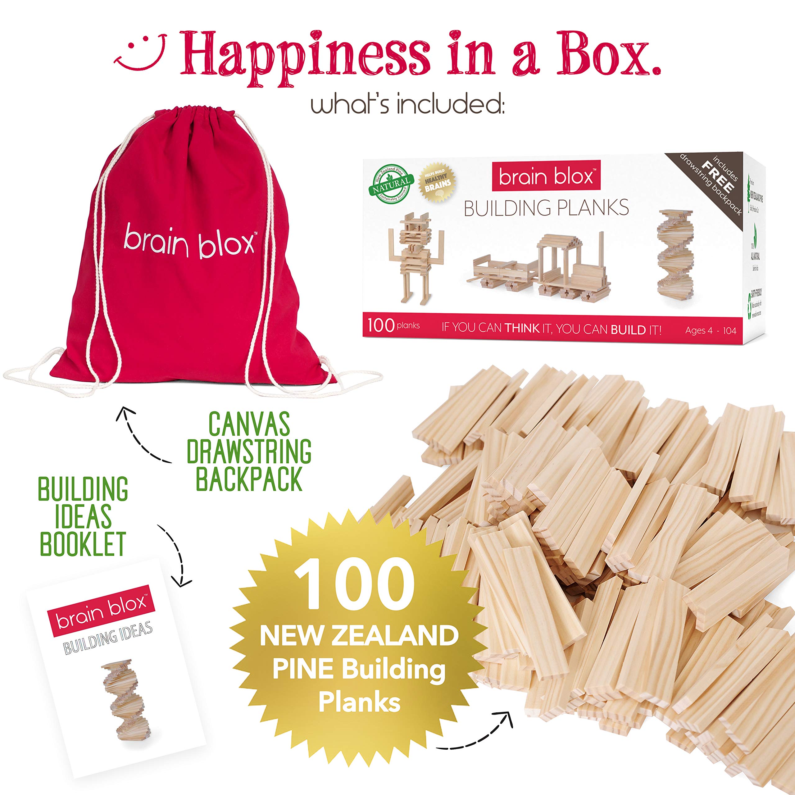 Brain Blox Natural Wooden Blocks for Kids Ages 4-8 - Montessori Blocks for Hands-on Learning - STEM and Architecture for Kids (100 Building Blocks)