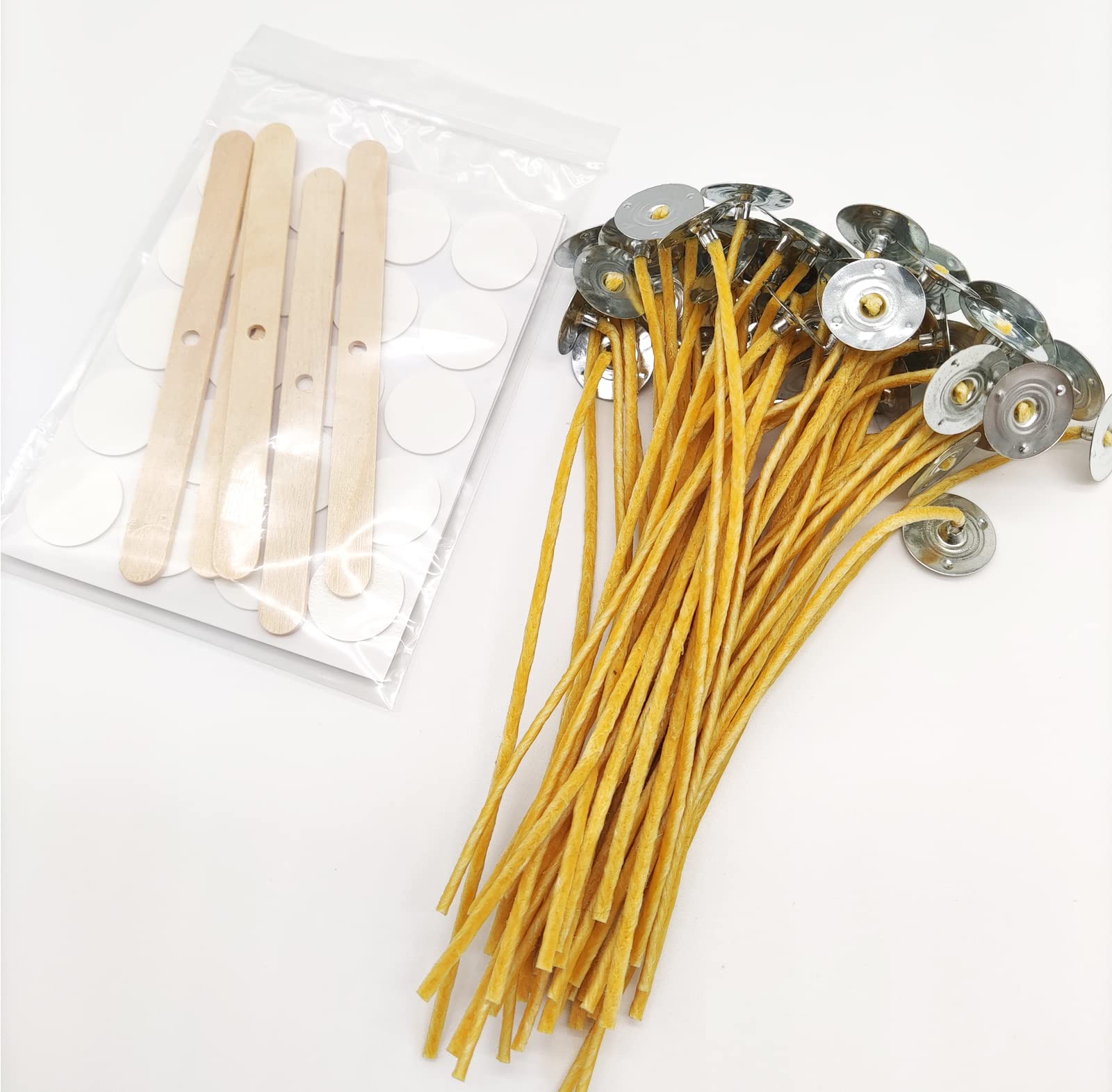 Nuozme 50 Pcs 6" Natural Candle Wicks,Pre-Waxed by 100% Beeswax & Tabbed with 60Pcs Candle Wick Stickers and 5 Pcs Wooden Candle Wick Centering Device, for Candle Making,Candle DIY