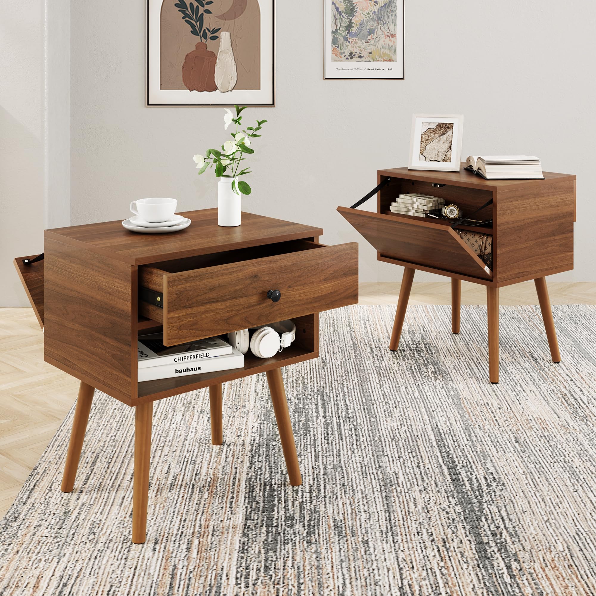 Mazefur Hidden Compartment Night Stand Set 2, Mid Century Modern Concealment Furniture, End Table with Storage Drawer, Bedside Table with Wood Legs for Bedroom (2,Walnut)