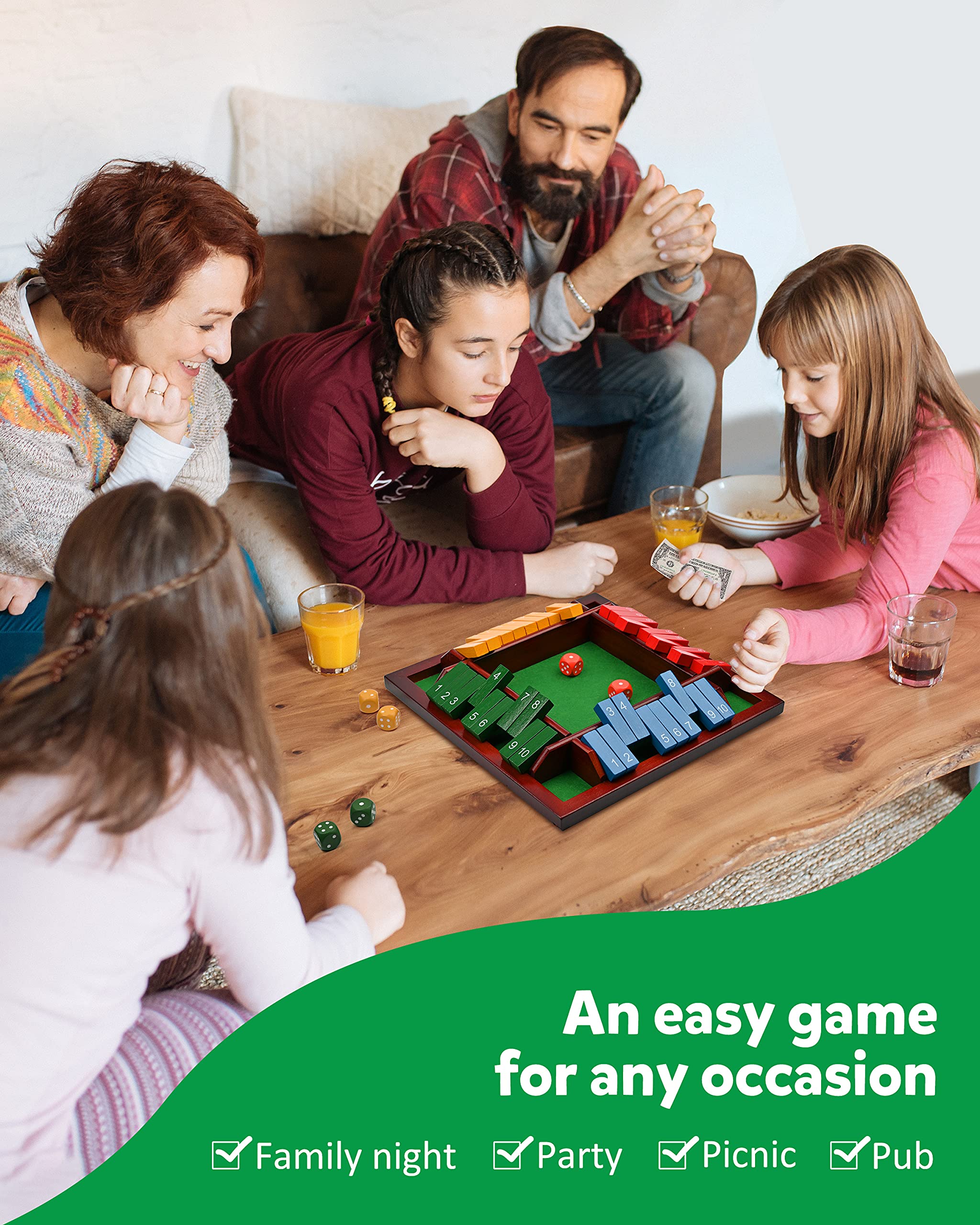 Coogam Shut The Box Dice Game Wooden Board Math Number Game Family Pub Bar 1-4 Players with 10 Colored Dice for Adults Kids
