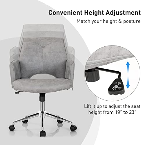 COSTWAY Ergonomic Home Office Chair, Height-Adjustable Faux Leather Computer Desk Chair w/Rolling Casters & Armrests, Upholstered Mid-Back Swivel Accent Chair for Home, Office, Study, Grey