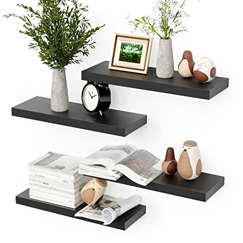 Boswillon 4 Sets Black Floating Shelves with Invisible Brackets,Modern Shelf for Bedroom,Bathroom, Kitchen Wall Decor – Black