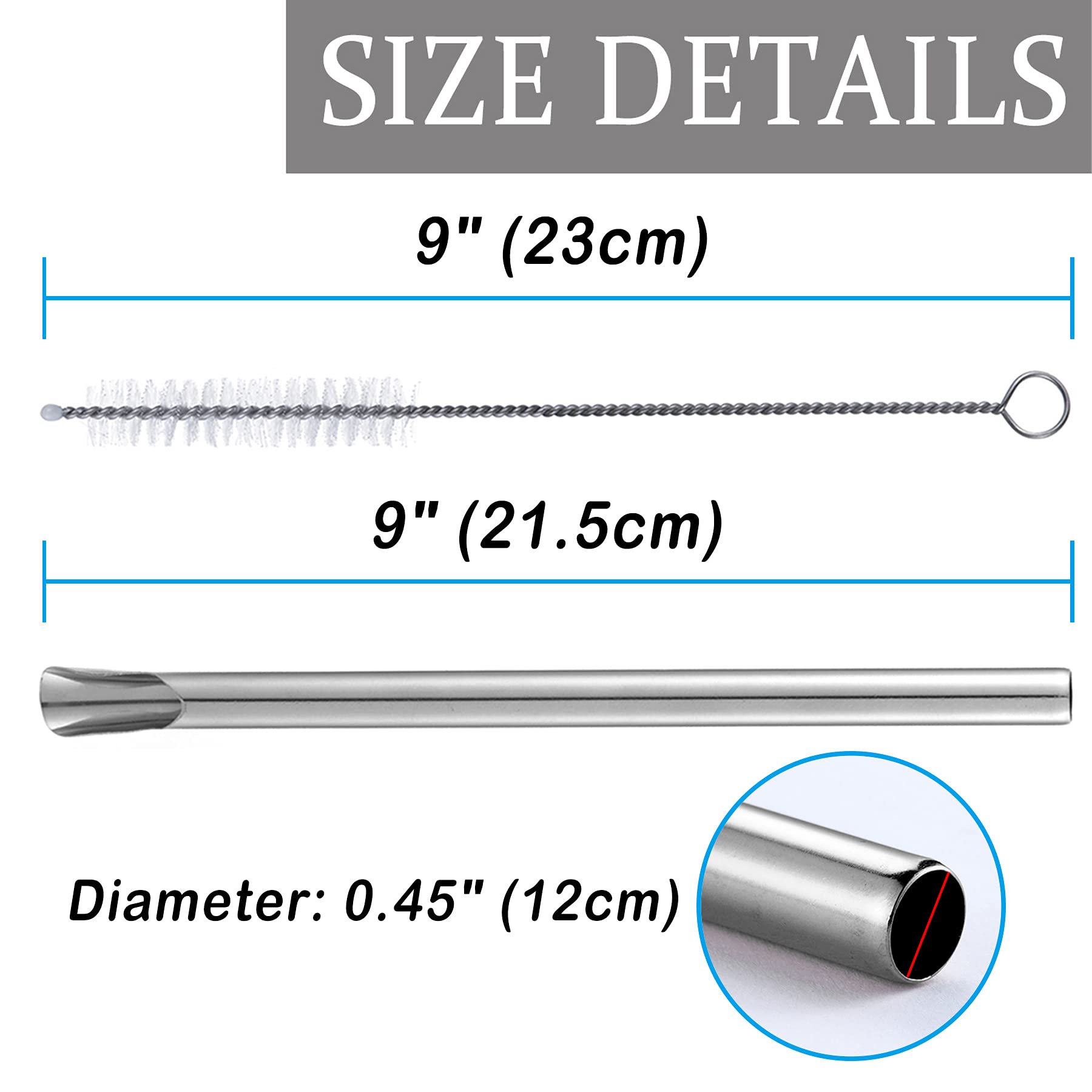 6PCS Reusable Straws Smoothie Drinking Straws 0.5" Wide, Bulckrew Stainless Steel Straw for Milkshake, Smoothies, Ice Cream Sundaes, Frozen Drink with 2 Cleaner-Silver