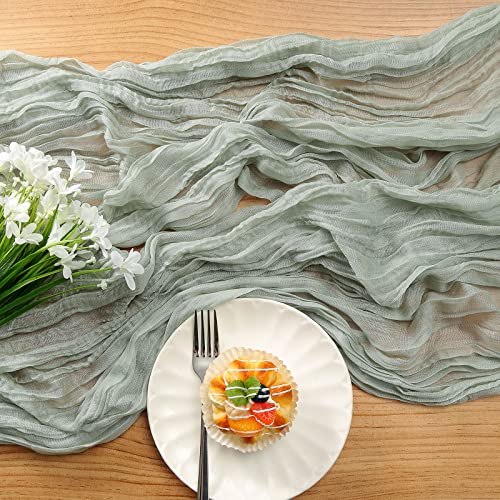 DOLOPL Sage Green Cheesecloth Table Runner 13.3ft Boho Gauze Cheese Cloth Table Runner Rustic Sheer Runner 160inch Long for Wedding Bridal Baby Shower Birthday St. Patrick's Day Table Decorations