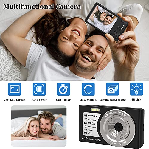 4K 48MP Kids Camera 2.8’’ Screen 16X for Digital Camera 32GB Micro SD Card and 2 Batteries Convenient and Easy to Operate Digital Camera Black