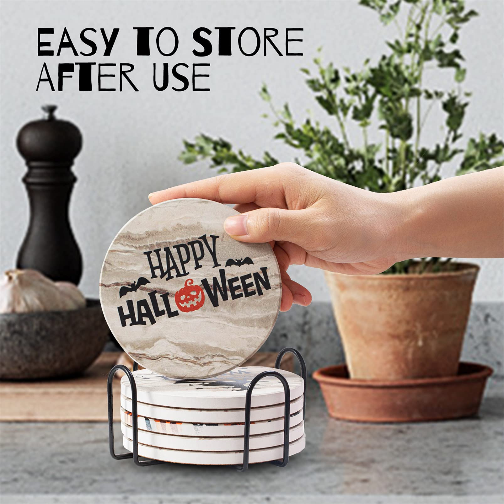 6pcs Halloween Cup Drinks Coasters with Holder,Round Absorbent Ceramic Coaster Set,Funny Drink Coasters with Cork Base for Tabletop Protection,Ideal Gift for Halloween,Housewarming,Birthday