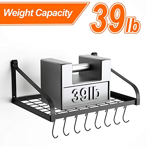 Love-KANKEI Pot Rack Wall Mounted Set of 2 Pan Pot Organizer Wall Shelves with 16 Hooks for Kitchen Cookware Utensils Organization Black