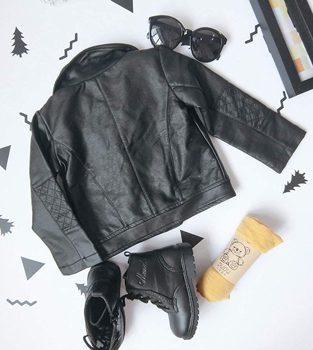 UNIQUEONE Baby Boys Girls Kids Outfits Spring Autumn PU Faux Leather Lapel Jacket Oblique Zipper Outerwear Coat size 6-12 Months/Tag5 (Black)