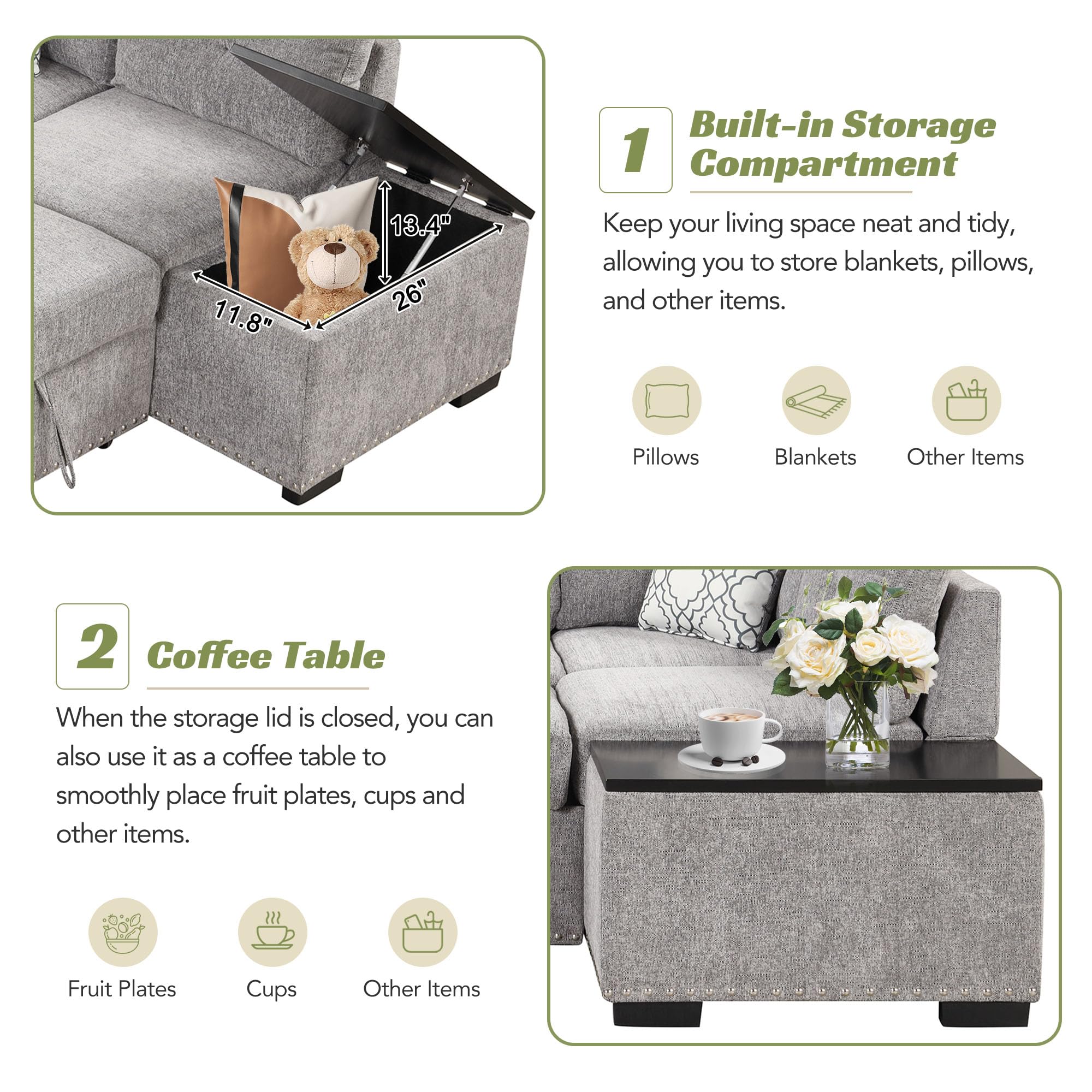 P PURLOVE Sectional Sofa with Pull-Out Sleeper Sofa Bed, Reversible Sectional Sofa with Storage Chaise, L Shaped Couch with Coffee Table for Living Room (Light Gray)