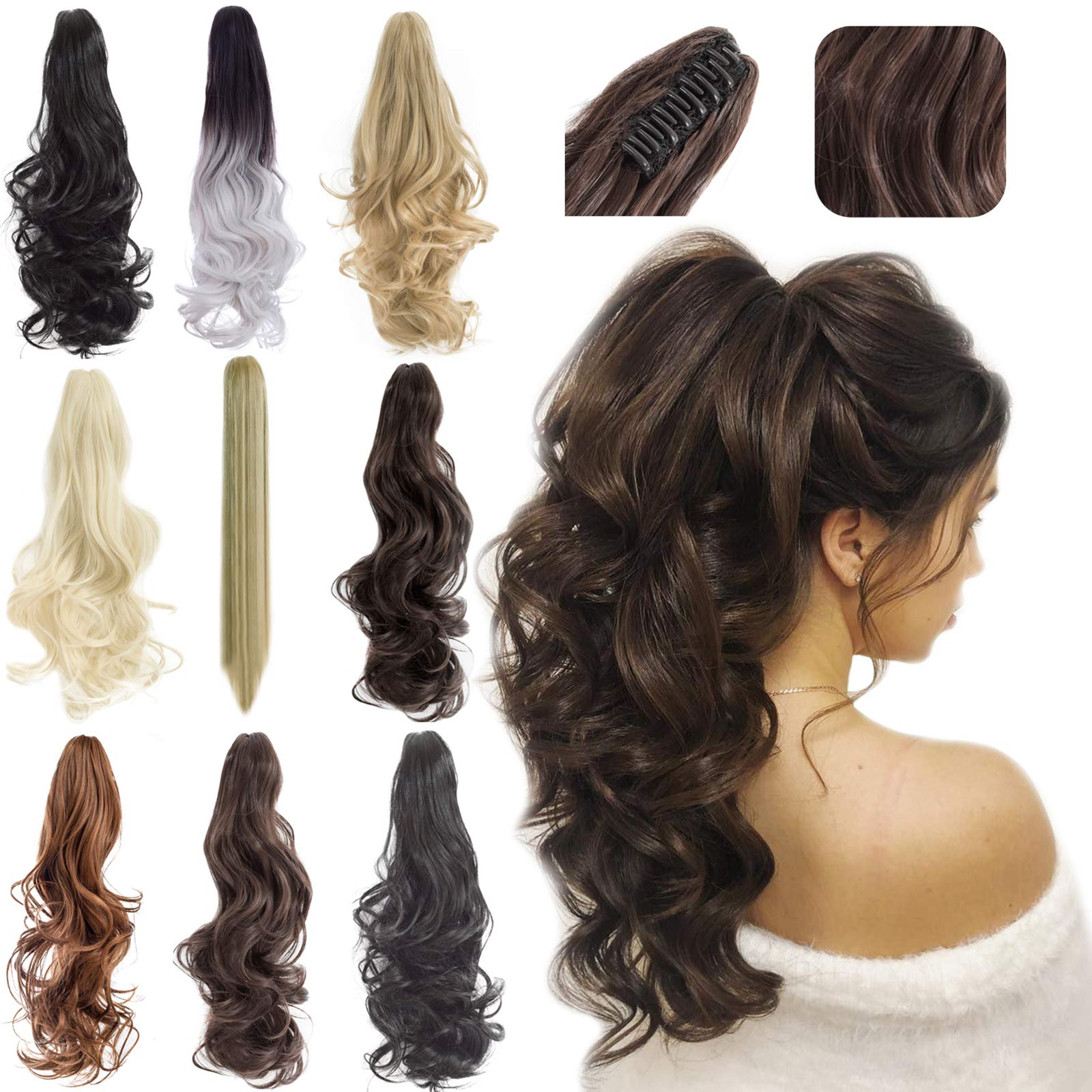 FELENDY Ponytail Extension Claw 18" 20" Curly Wavy Straight Clip in Hairpiece One Piece A Jaw Long Pony Tails for Women Dark Brown