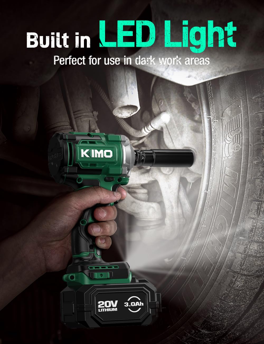 KIMO Impact Wrench 1/2 Inch with 814N.M/600ft-lbs Max Torque, 3 Mode Setting, 2 x 3000mAh Batteries, 3000 RPM, 1 Hour Fast Charger, 1/2 Impact Gun with Variable Speeds, 20V Impact Driver for Car Home