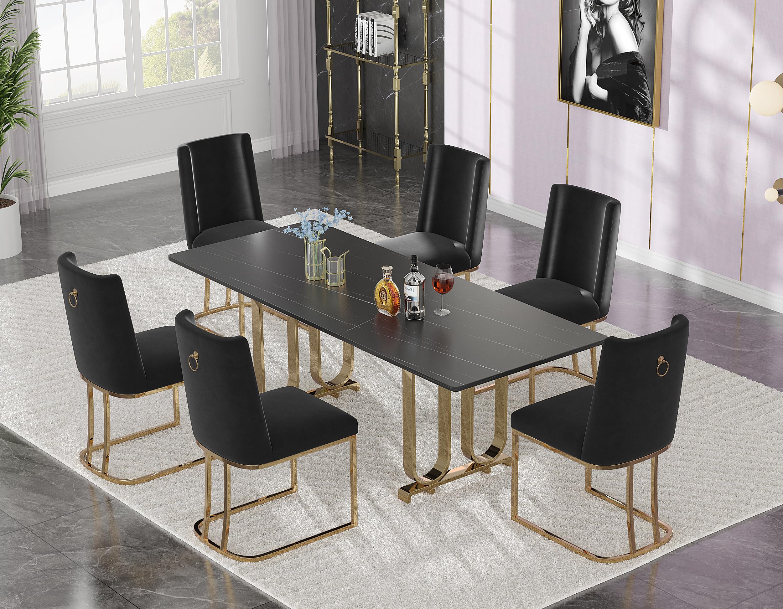 71 Inch Modern Black Dining Table Kitchen Table with Brushed Brass Metal Legs, Lauren Gold&Black Top Wood Dining Room Table for 8, Rectangle Contemporary Dining Table for 6