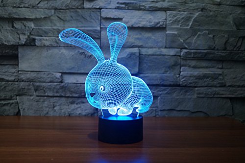 FXUSLGT Animal 3D Rabbit Night Light 16 Color Change LED Remote Control Table Desk Lamp Acrylic Flat ABS Base USB Charger Home Decoration Toy Birthday Xmas Kid Children Gift
