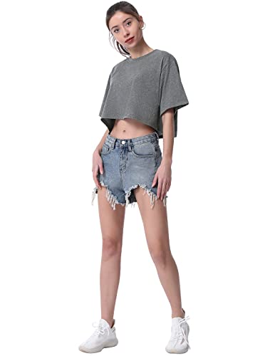 Cosy Pyro 4-Pack Women's Cotton Crop T-Shirts Short Sleeve Solid Cropped Athletic Top Round Neck Casual Workout Yoga Tees Black/White/Gray/Navy M