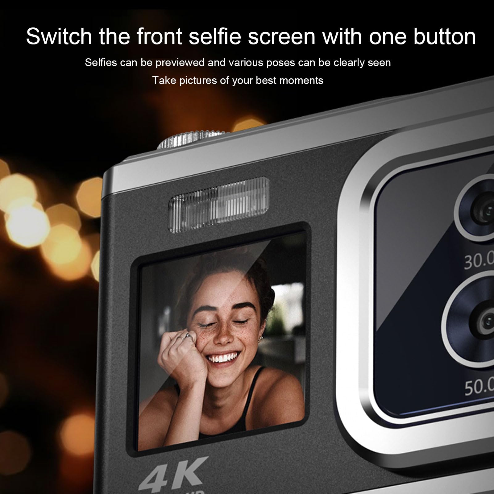 4K Digital Camera with Flash, 50MP Digital Camera for Photography and Video Autofocus Anti Shake, Travel Portable Camera with Battery, 16X Zoom Vlogging Camera (White)