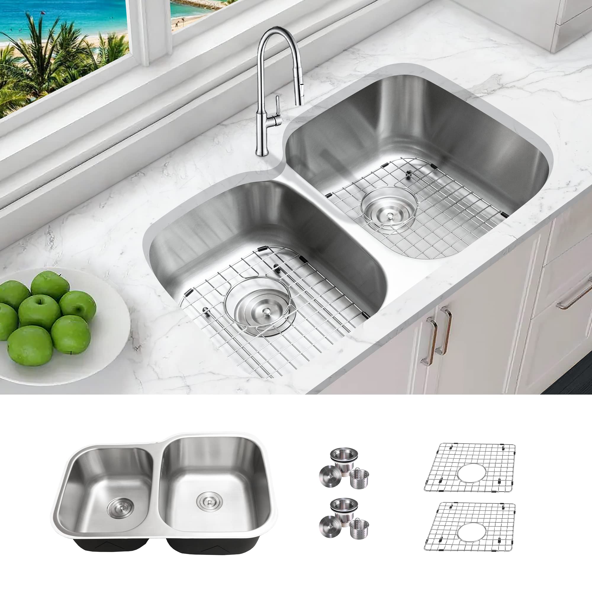KABCO 32 Inch Double Bowl Stainless Steel Classic Kitchen Sink with Sink Strainers, Removable Garbage Baskets and Sink Grids Sound and Heat Proof 18 Gauge Undermount 40/60 Bowl Swirl Finish Sink