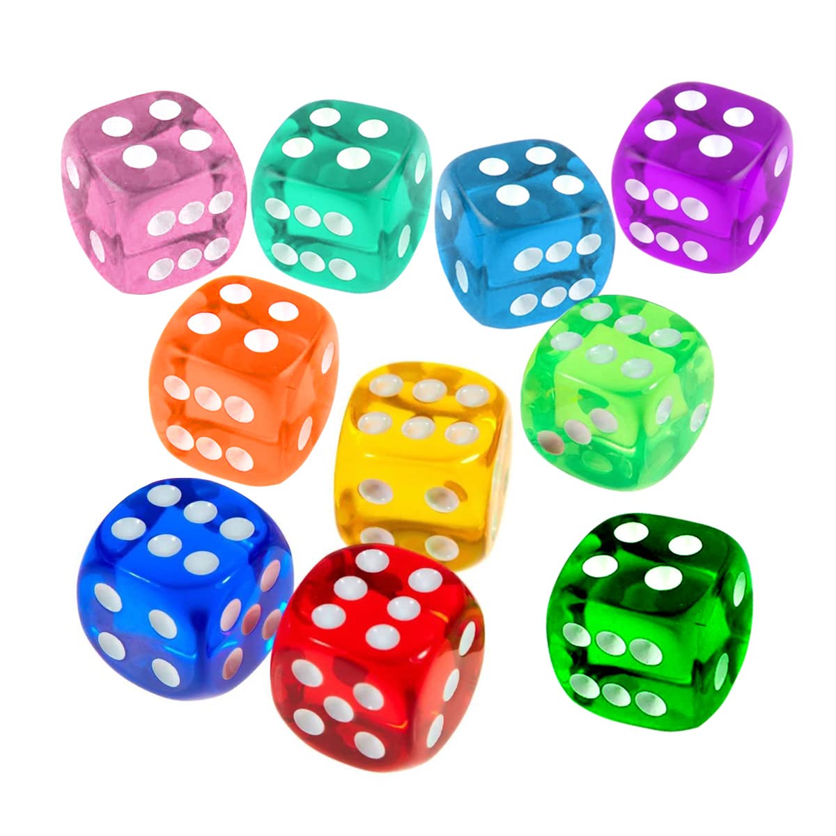 Dice Set 100 Pcs, 16MM (5/8 inches) 6 Sided Translucent Colors Game Dice,10 Colors, with Black Pouch