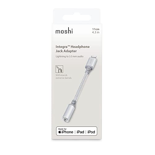Moshi Integra Lightning to 3.5mm Headphone Jack Adapter [MFi Certified], DAC Chip Integrated, Ballistic Nylon Braiding, Aluminum Housings, Exceeds 10,000 Bend Cycles, for iPhone/iPad, Jet Silver