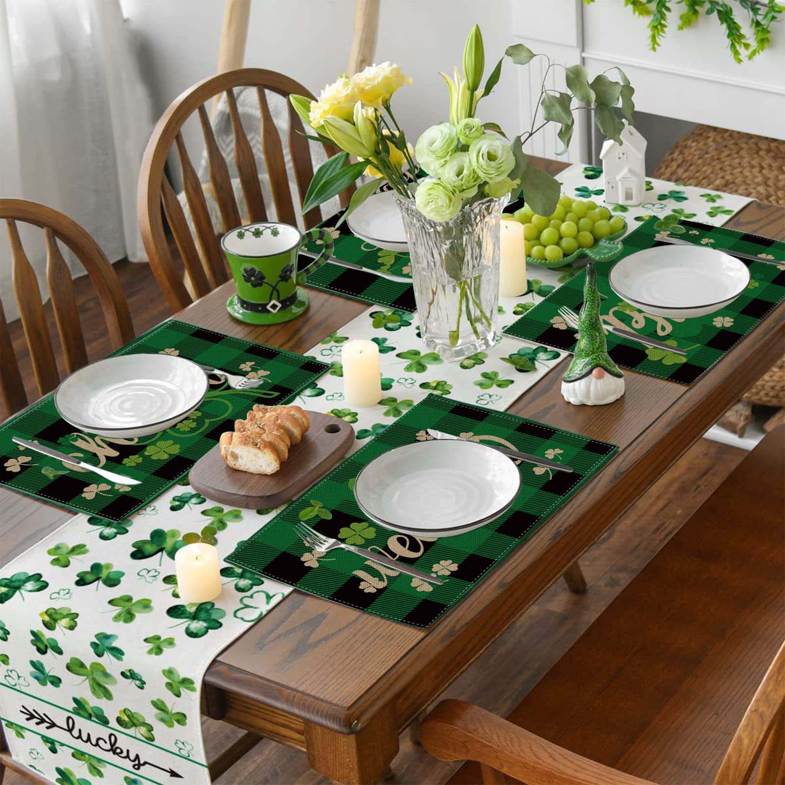 6Pcs St. Patrick's Day Placemats Shamrock Table Mats Resistant Sage Green Placemat for Green Kitchen Dining Table Heat Insulation Washable Place mats