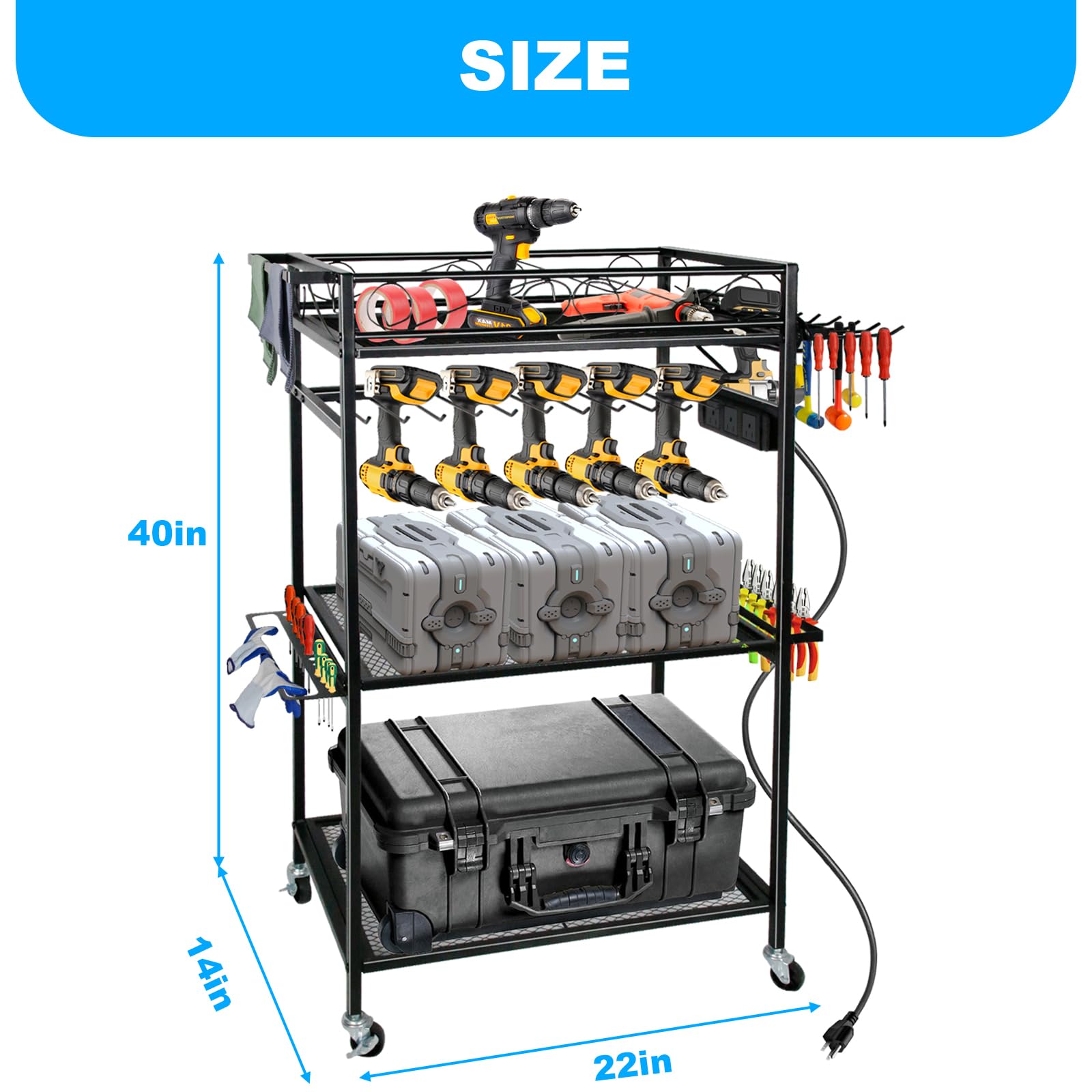 AQNIEGEP Power Tool Organizer Cart with 3 Charging Station, Garage Rolling Tool Storage Cart, Mobile Tool Cart with Wheels, Garage Workshop Gift Ideas for Dad Men Black