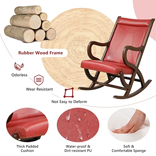 Giantex Rocking Chair with Cushion, Modern PU Leather Rocker, Rubber Wood Frame, Ergonomic Backrest Armrest, Single Rocking Chair for Nursery Living Room Bedroom Lounge Office, Red