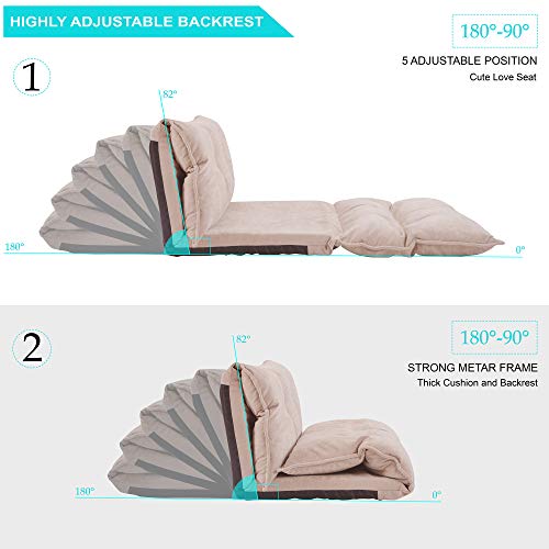 Adjustable Floor Sofa Bed with 2 Pillows , Folding Futon Couch Leisure Lazy Sofa with 5 Reclining Position, Suede Floor Sofa for Reading or Gaming in Bedroom/Living Room/Balcony,Beige