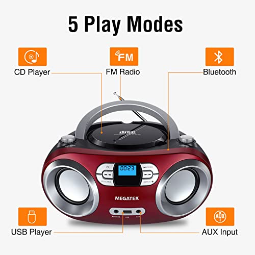 MEGATEK Portable CD Player Boombox with FM Radio, Bluetooth, USB, Aux-in and Headphone Jack, CD-R/RW and MP3 CDs Compatible, Enhanced Stereo Sound, AC/Battery Operated - Cherry Red