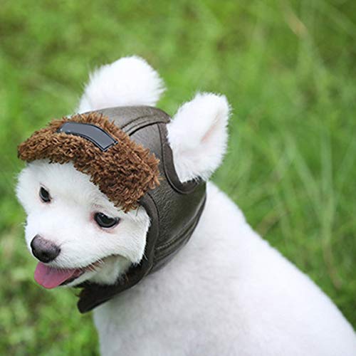 Pet Pilot Hat,Dog Cat PU Leather Aviator Fleece Lined Winter Warm Costume Caps,with Ear Holes,for Small Medium Large Dogs(Brown,S)