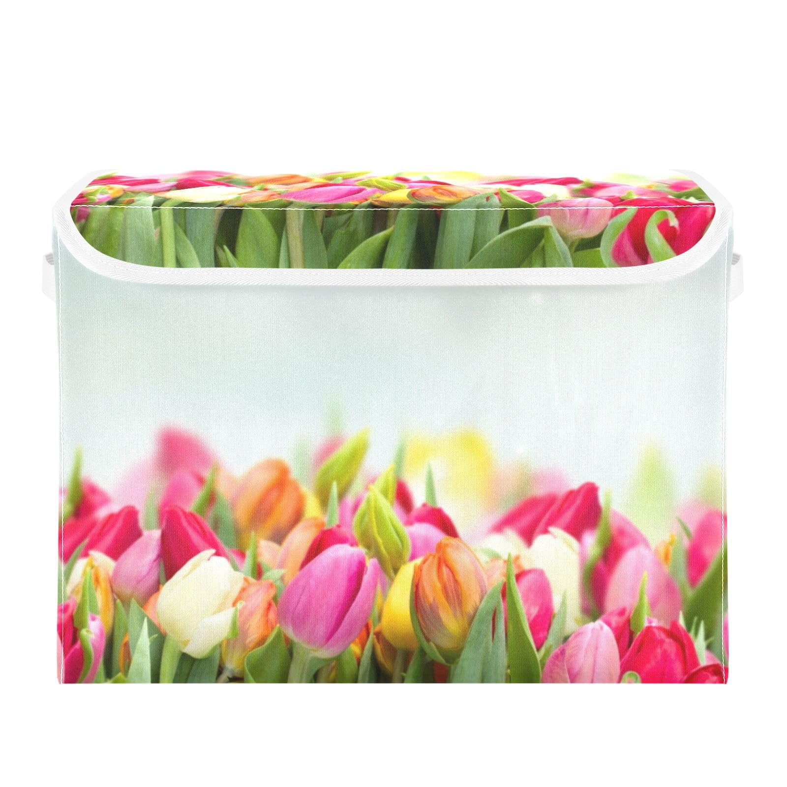 VIGTRO Tulips Flowers Garden Storage Bins with Lids Foldable Storage Boxes with 2 Handles, Summer Decorative Storage Basket Collapsible for Clothes Books