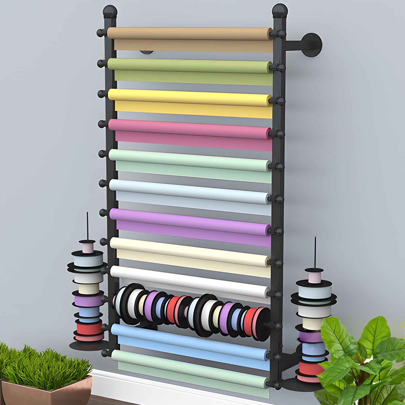 Wall Mounted Display Rack, Organizer for Wrapping Paper, Wallpaper and Wire Spool, 13-Layer Storage Shelf, with Detachable Tray and Crossbars (Color : Black, Size : 80x20x120cm)