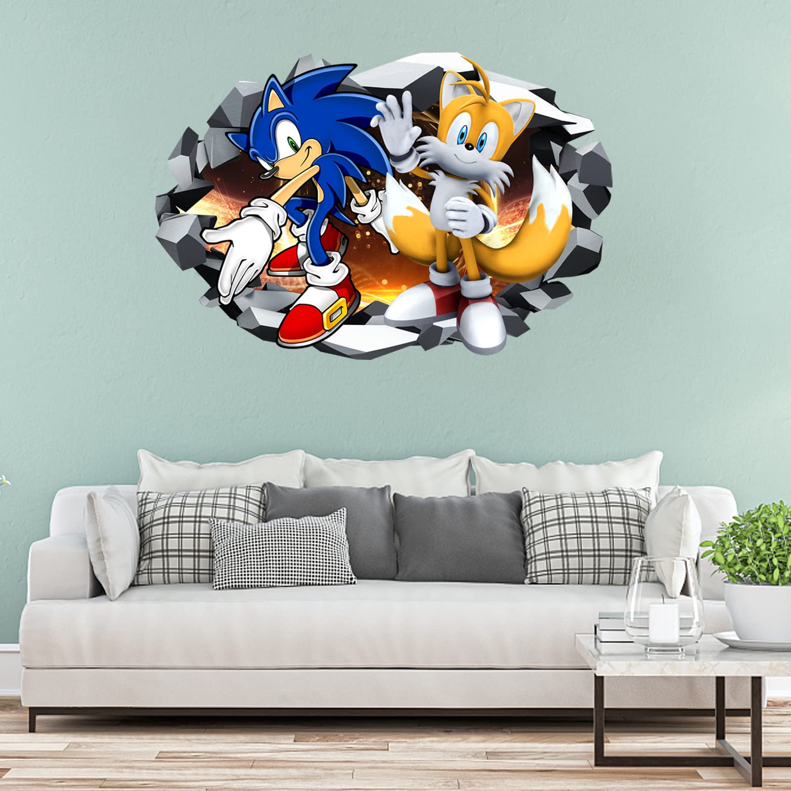 3D Sonic Wall Decals Children's Cartoon Removable Bedroom Background Cool Wall Decoration Cute Self-Adhesive Wall Sticker PVC(15.7 Inches X 23.6 Inches)