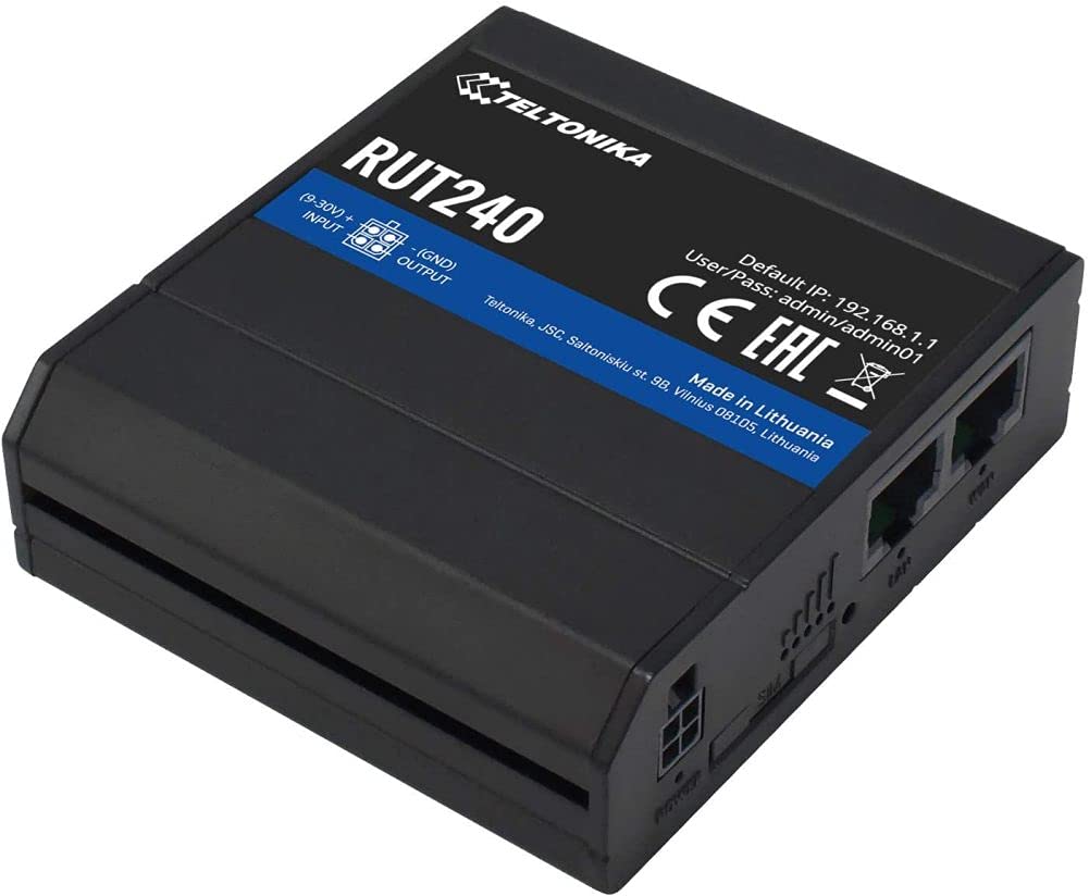 Teltonika RUT24002U000 Model RUT240 Industrial 3G/4G LTE Cellular Router for Verizon; Automatic Switch to Available Backup Connection; Wireless Access Point with Hotspot Functionality