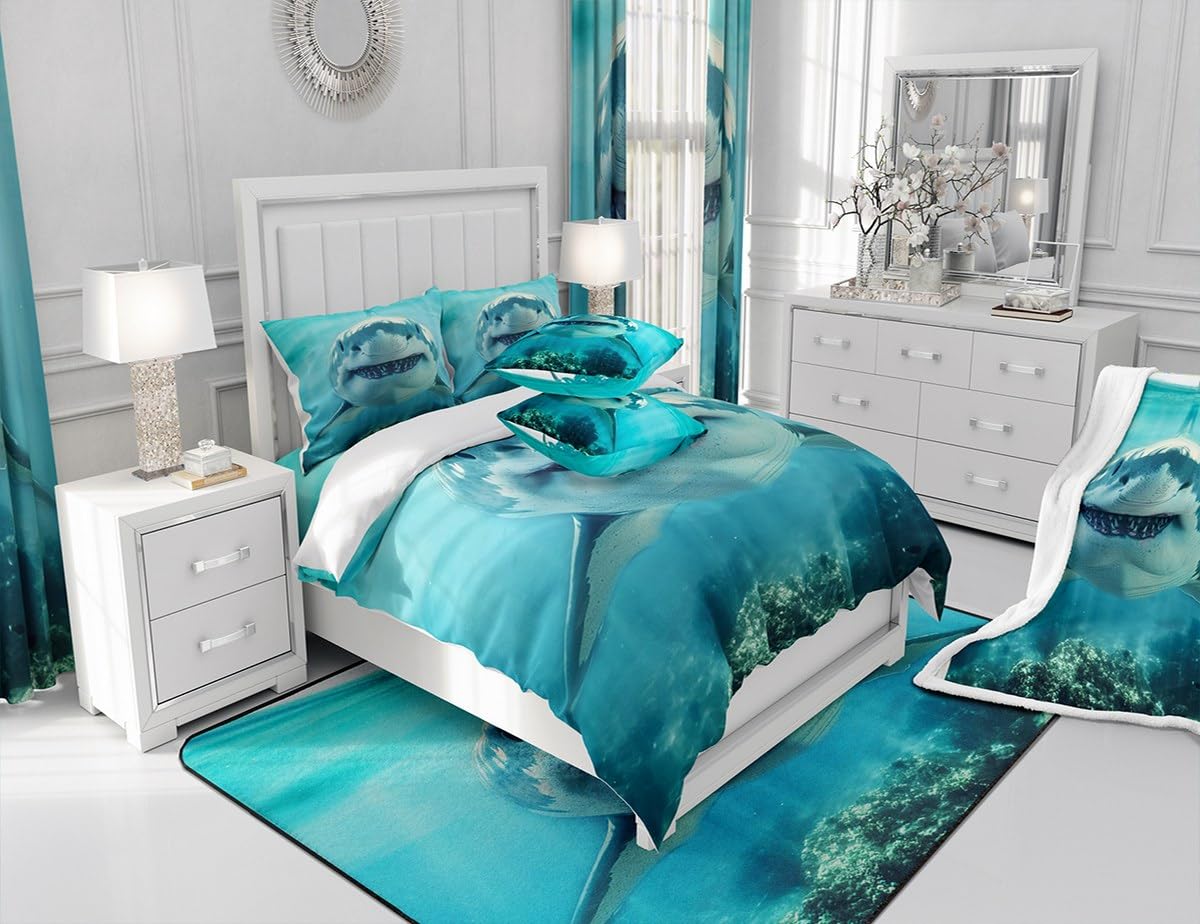 Shark Pattern Bedding Set Twin Size for Kids Boys Bedroom,Sea Animals Bed Duvet Cover Set,Shark Fish Print Comforter Cover Hawaiian Beach Decor 2 Pieces 1 Duvet Cover with 1 Pillowcase(No Comforter)