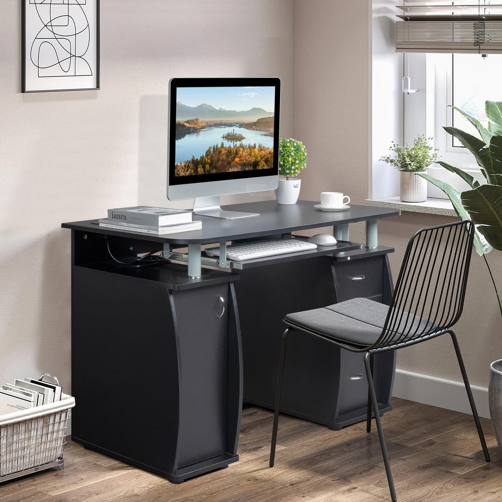 45inch Computer Desk with 3 Drawers Writing Home Office Workstation Modern PC Laptop Workstation Writing Desk Table with Keyboard Tray for Bedroom