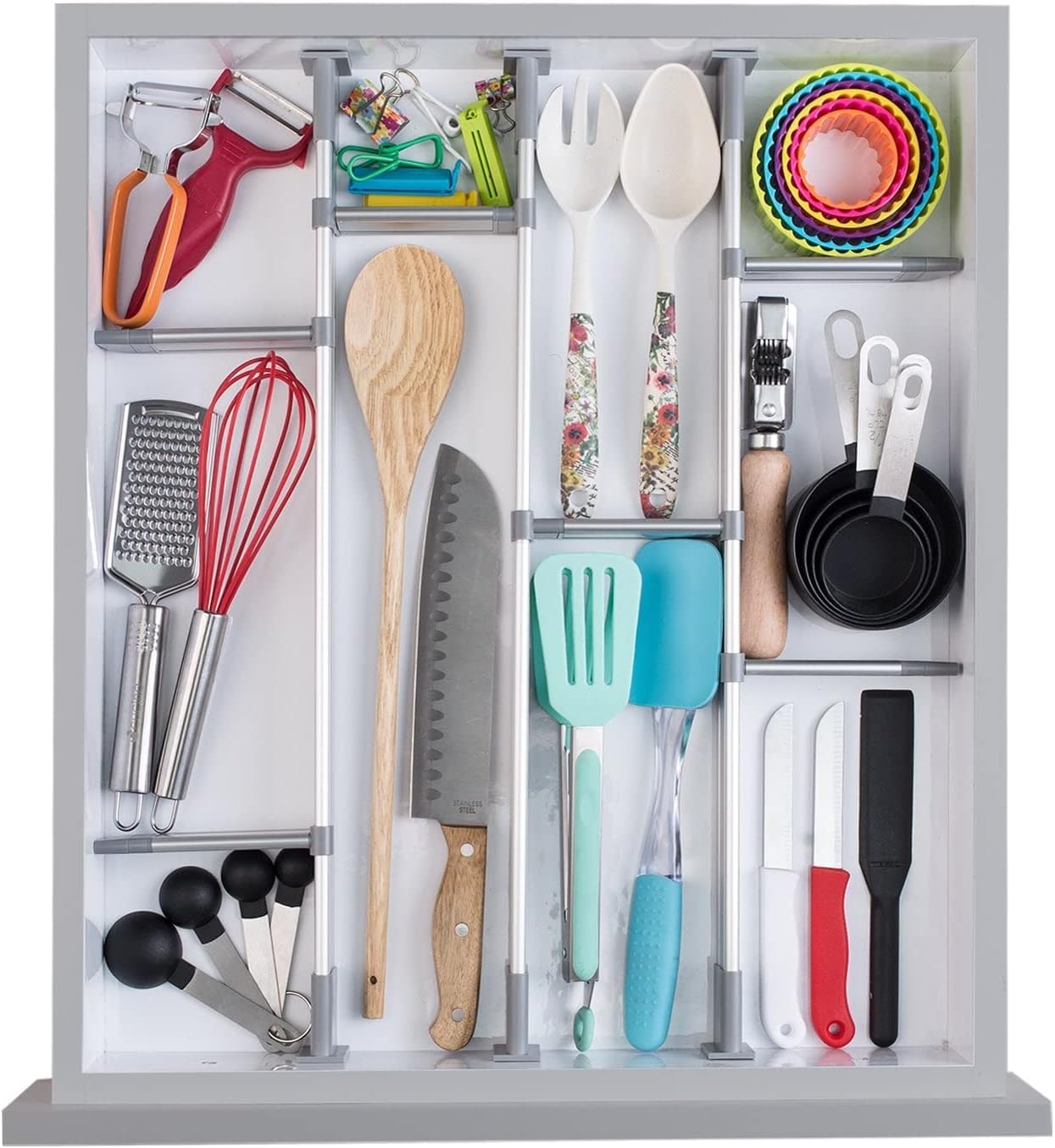 Practical Comfort Aluminum Drawer Organizer for Kitchen Utensils Silverware Flatware 9 Dividers Set | MEDIUM | UPGRADED VERSION