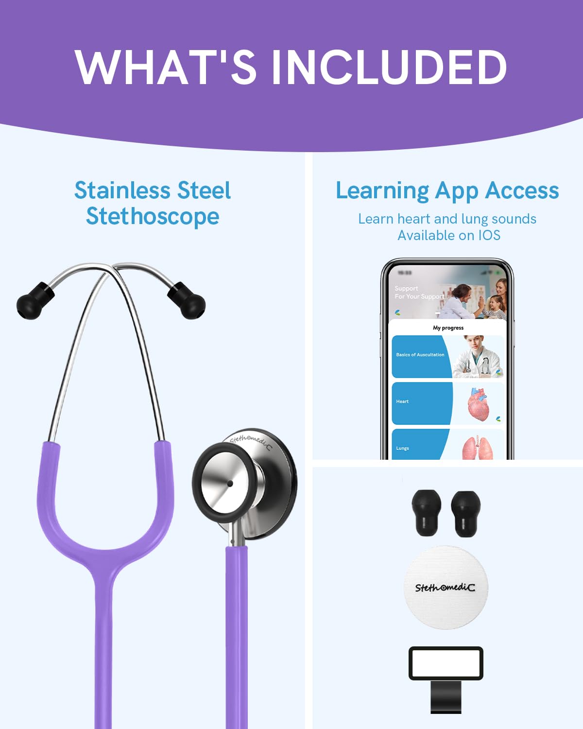 FriCARE Purple Stethoscopes for Nurses, Classic Dual Head Stethoscope Kit Medical Supplies, RN, LPN, LVN, Nursing School Students, Home Health Use