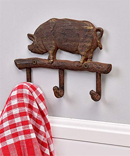 Gift Craft Pig Rustic 7 x 5.5 Inch Cast Iron 3-Hook Wall Hanger Plaque