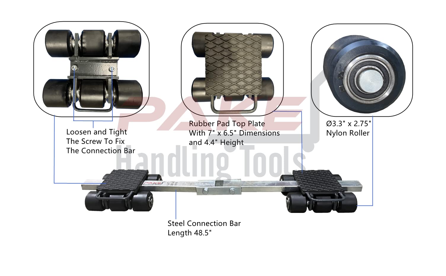 Pake Handling Tools Steerable Skates Kits- Heavy Duty Durable Machinery Moving Dolly 18 Ton Capacity (39,600 pounds)