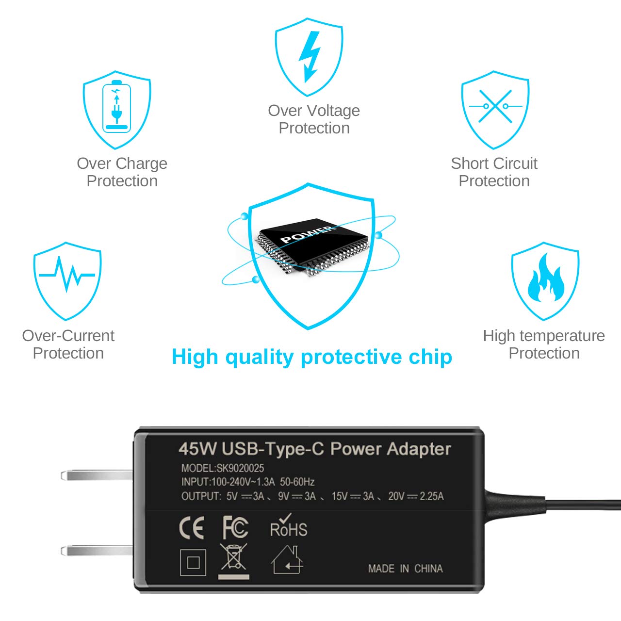 45W USB C Wall Charger with Power 180 Degree Rotatable Plug, Laptop Fast Charging Adapter Built-in 5.9ft Type C Cable for Switch NS, MacBook 12 inch/Pro 2016 Version/Air, Dell XPS, Surface Go
