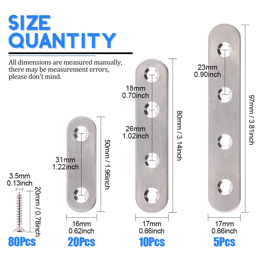 Glarks 35-Pieces 2 inch/ 3 inch/ 4 inch Stainless Steel Flat Straight Brace Brackets Mending Joining Plates Repair Fixing Bracket Connector and 80pcs Screws Set, Total 115pcs, Silver