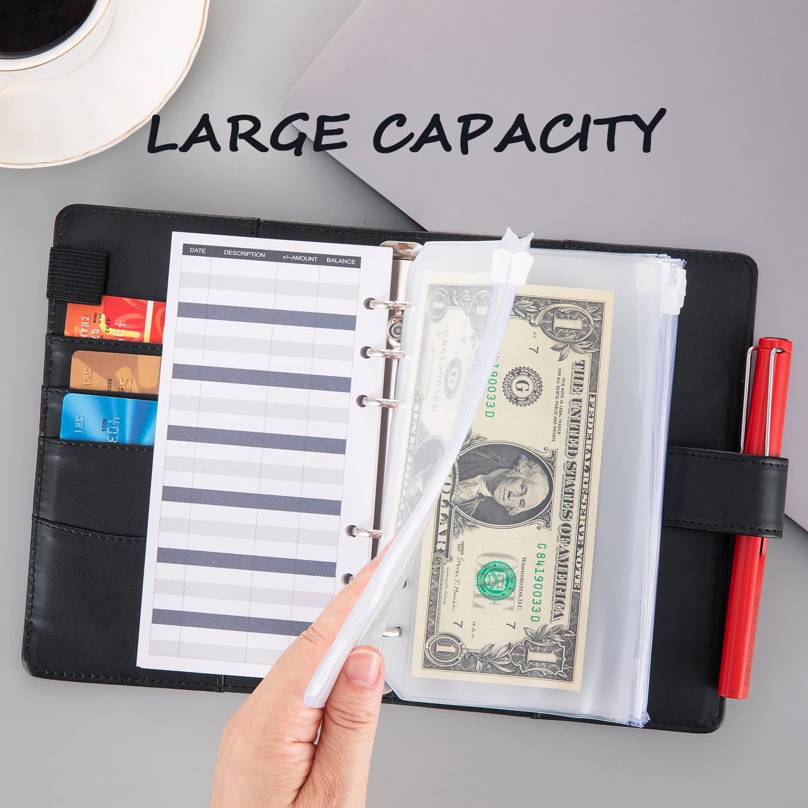 A6 Budget Binder with 8pcs Zipper Cash Envelopes, Pu Leather Cash Organizer for Money Saving with 12pcs Bill Budgeting Sheets Black