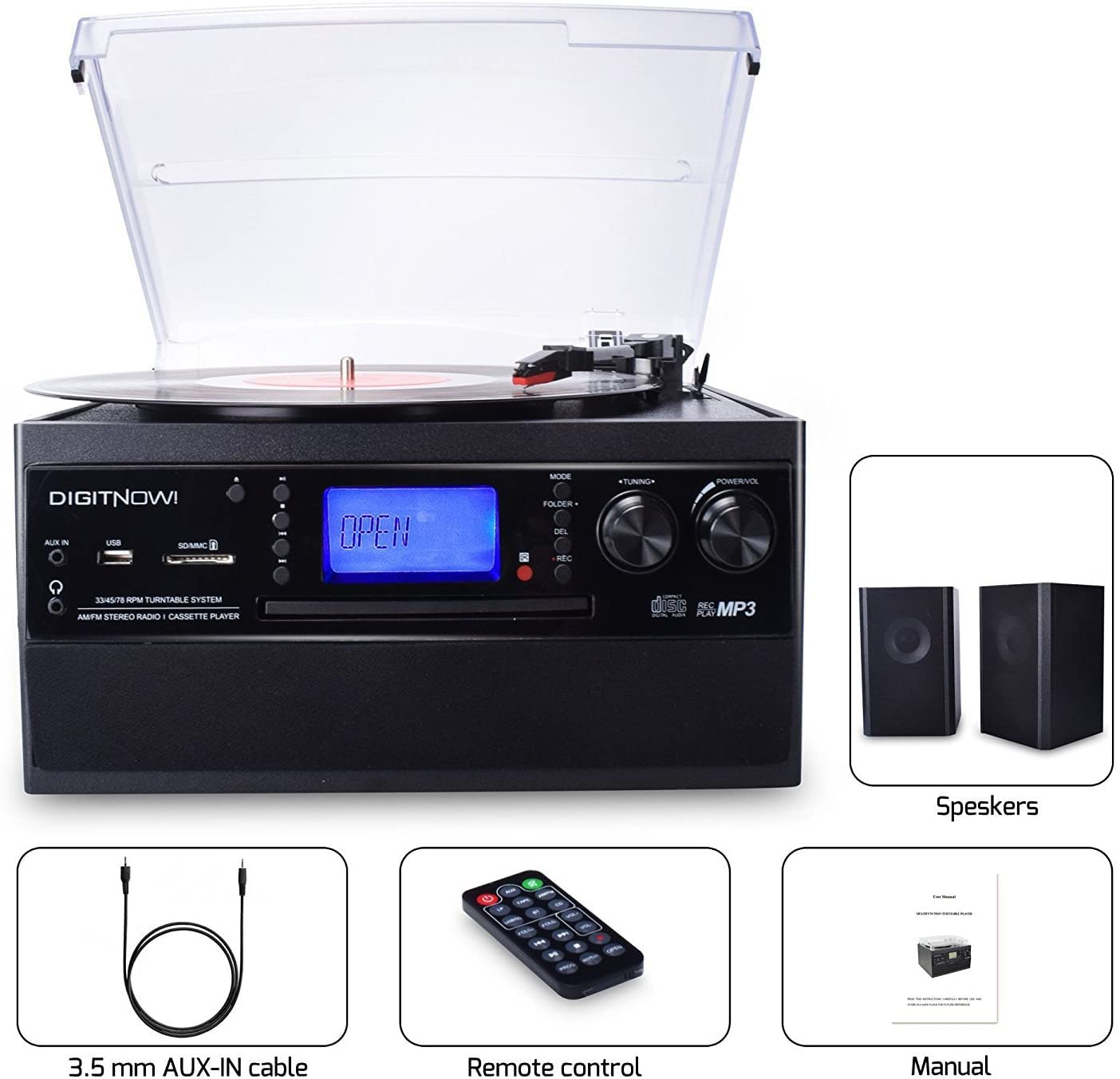 DIGITNOW Bluetooth Record Player Turntable with Stereo Speaker, LP Vinyl to MP3 Converter with CD, Cassette, Radio, Aux in and USB / SD Encoding, Remote Control, Audio Music Player Built in Amplifier