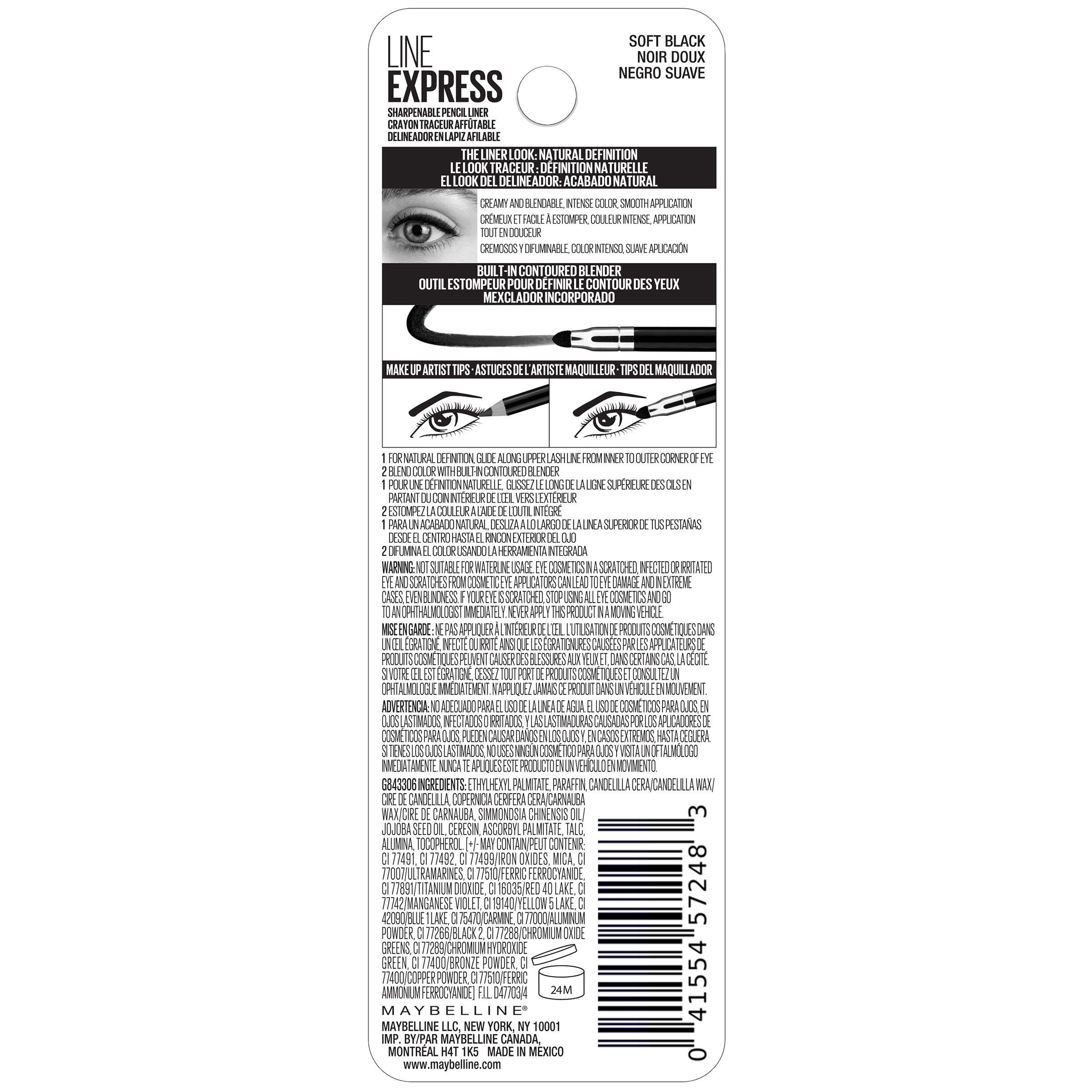 Maybelline Line Express Sharpenable Wood Pencil with Built-In Blending Smudger Tip Creamy Liner Eyeliner Eye Makeup, Soft Black, 0.035 oz.