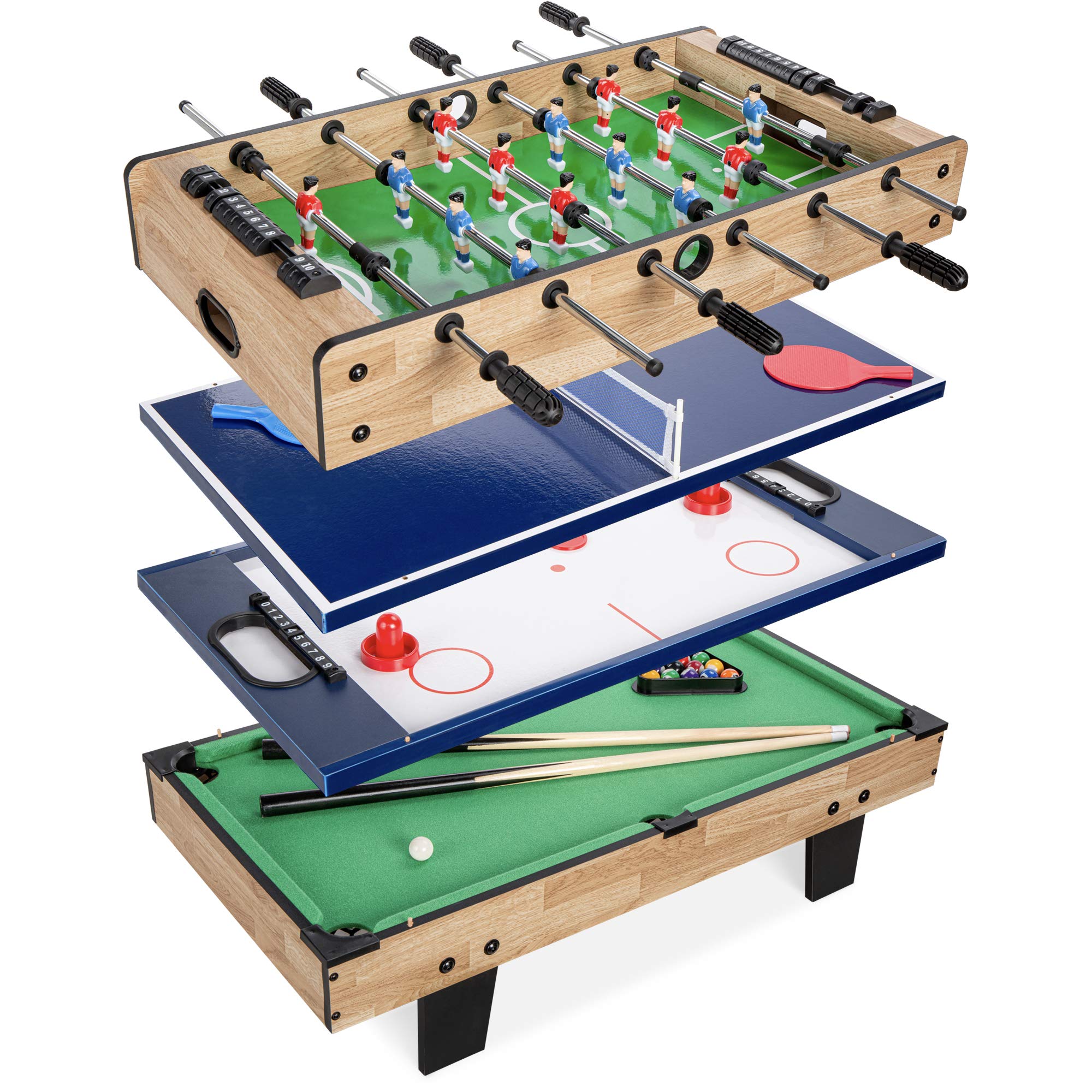 Best Choice Products 4-in-1 Multi Game Table, Childrens Combination Arcade Set w/Pool Billiards, Air Hockey, Foosball and Table Tennis - Natural