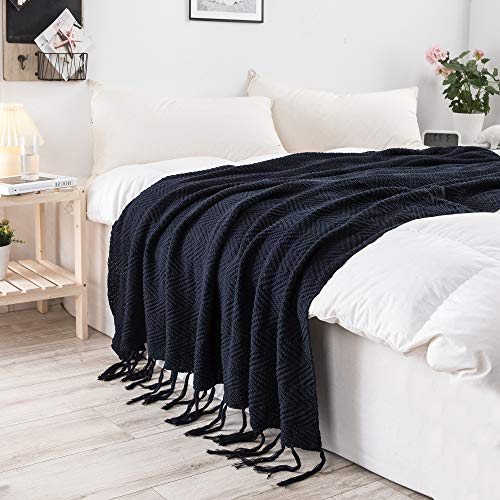 Longhui bedding Fringe Knit Cotton Throw Blanket, 50 x 60 Inch Decorative Knitted Cover with 6 Inches Tassels, Bonus Laundry Bag β 2.5lb Weight, Couch Blankets, Dark Navy Blue