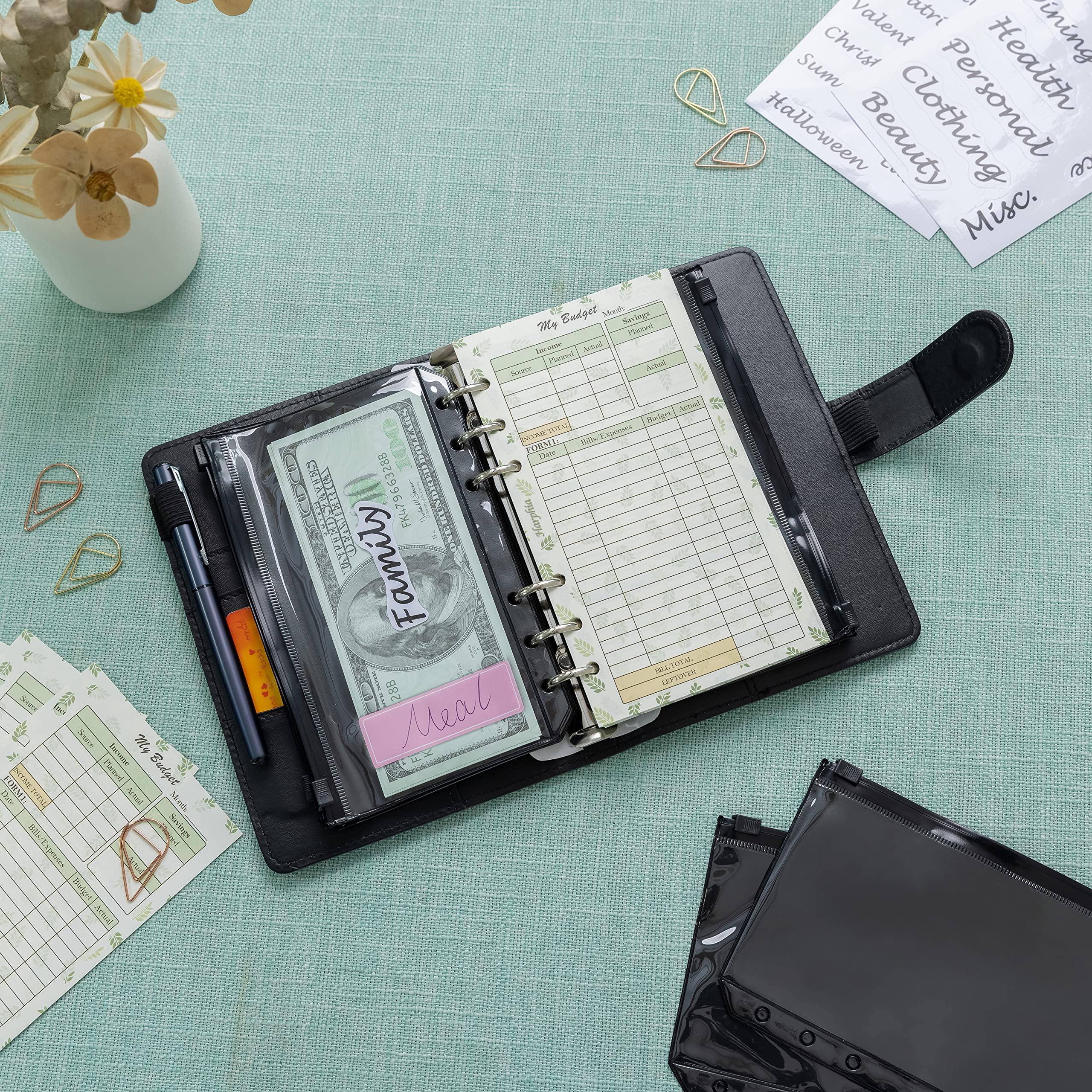 A6 Money Organizer, 6-Ring Budget Planner kit with envelopes, Budget Refill, Matched Stickers and Labels, 7.4"x 5.71" (Harphia, 146-silver)