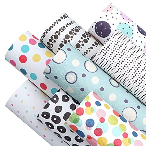 8 Pieces 8x12 Inch(21x30cm) Dots Pattern Printed Faux Leather Fabric Sheets Cotton Back for Leather Bows and Earrings Making, Each Sheet Per Pattern, in Total 8 Sheets