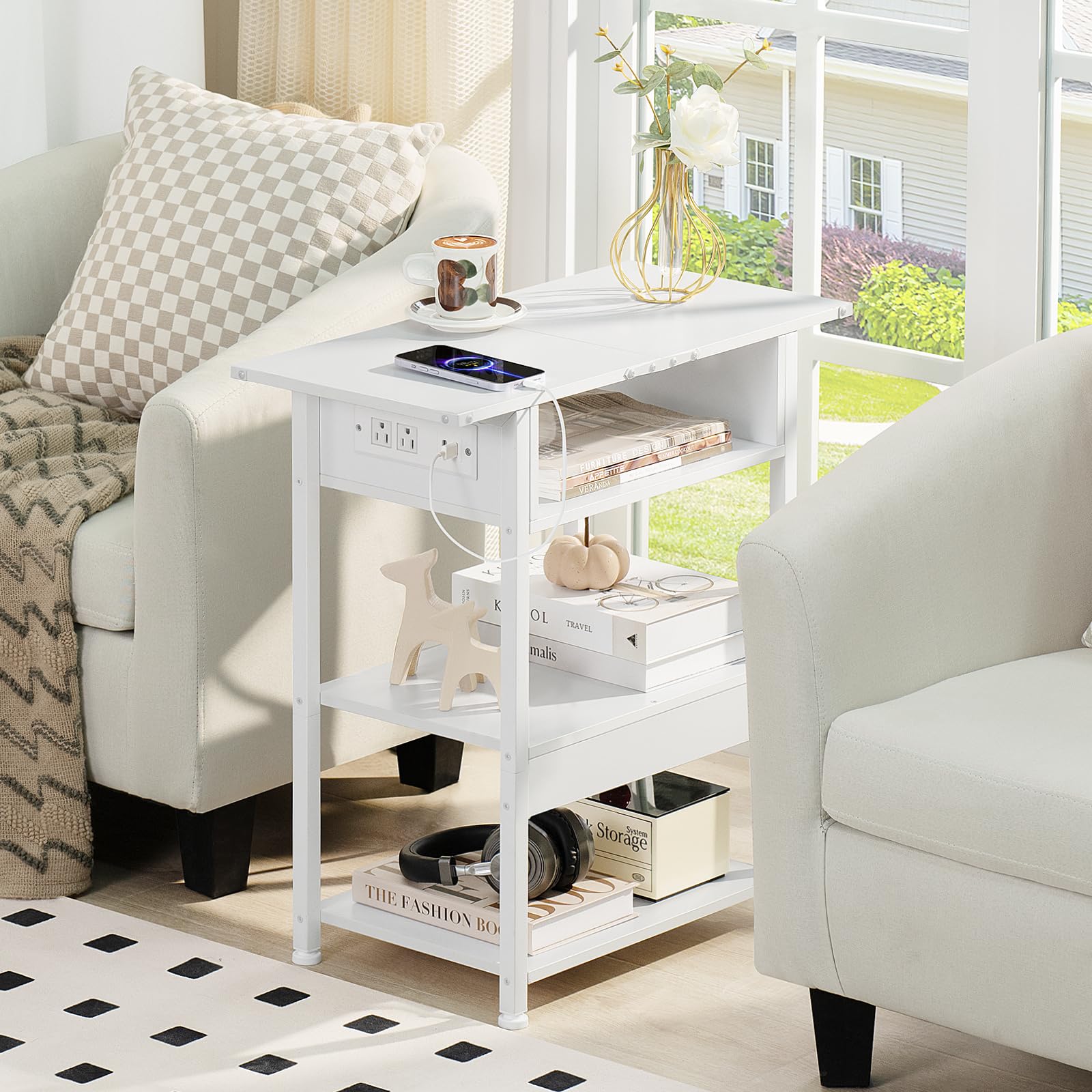 Lerliuo Side Table with Charging Station,Narrow End Table with USB Ports and Outlets,White Skinny Nightstand with Open Storage Shelf for Small Space,Slim Sofa Bedside Table for Living Room Bedroom