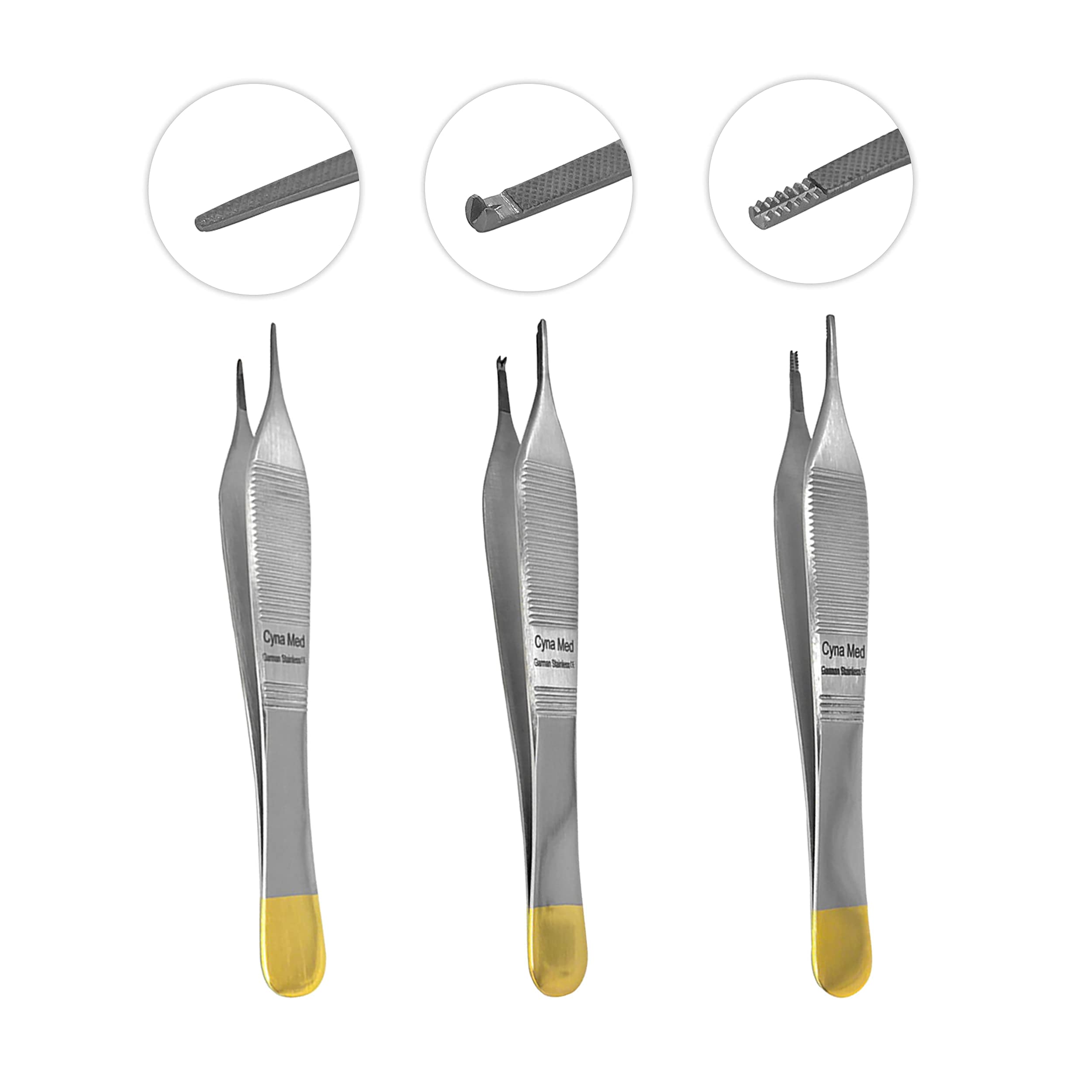 Cynamed T/C Adson Plastic Surgery Forceps 4.75" Straight Fine Point with Tungsten Carbide Inserts Surgical Veterinary Instruments with Gold Handle (Serrated Tips, Adson Dressing Forceps, TC)