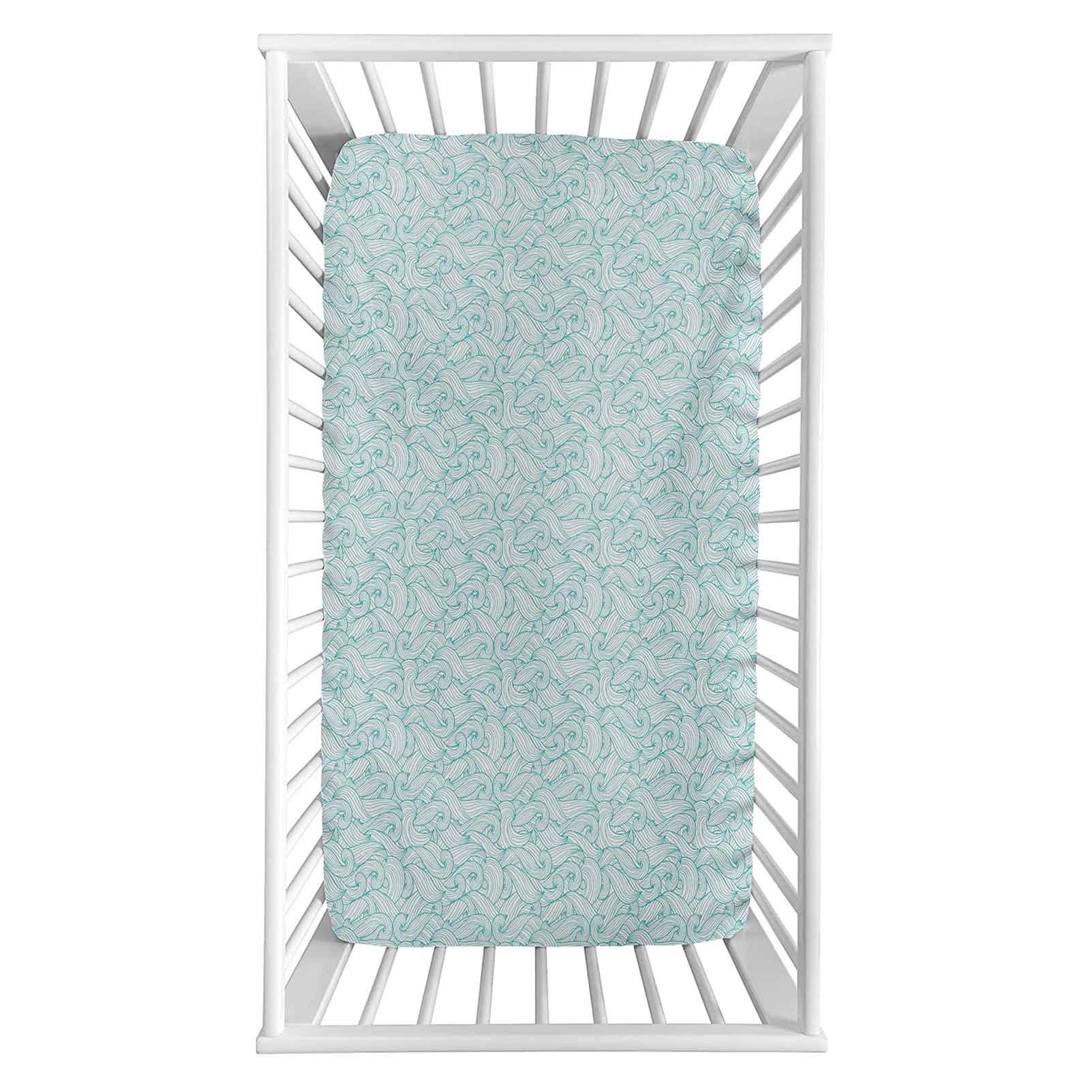 Turquoise Fitted Crib Sheet,Ocean Themed Waves Abstract Swirls Curlicues Lines Ornamental Vintage Summer Microfiber Silky Soft Toddler Mattress Sheet Fitted,28"x 52"x 8'',Baby Sheet for Boys Girls